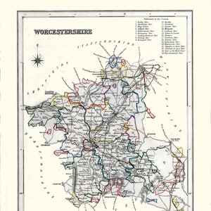 Old English County Map of Worcestershire, Vintage Reproduction Map of ...