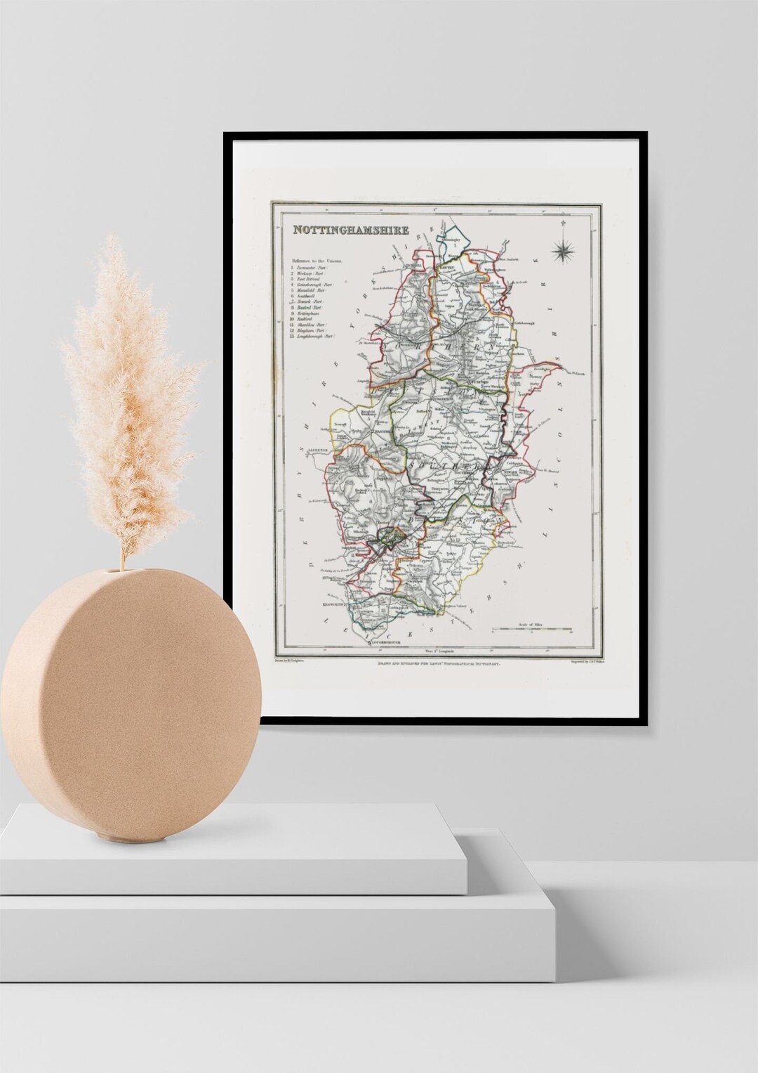 Old English County Map of Nottinghamshire, Vintage 1848 Nottingham ...