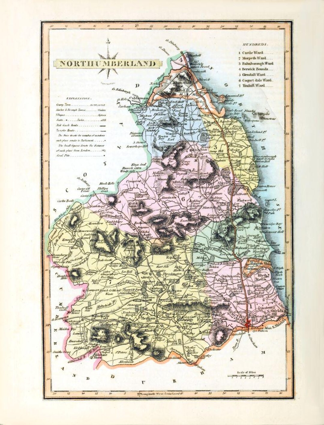 Vintage County Map of Northumberland, Vintage Antique Style Map Repro ...