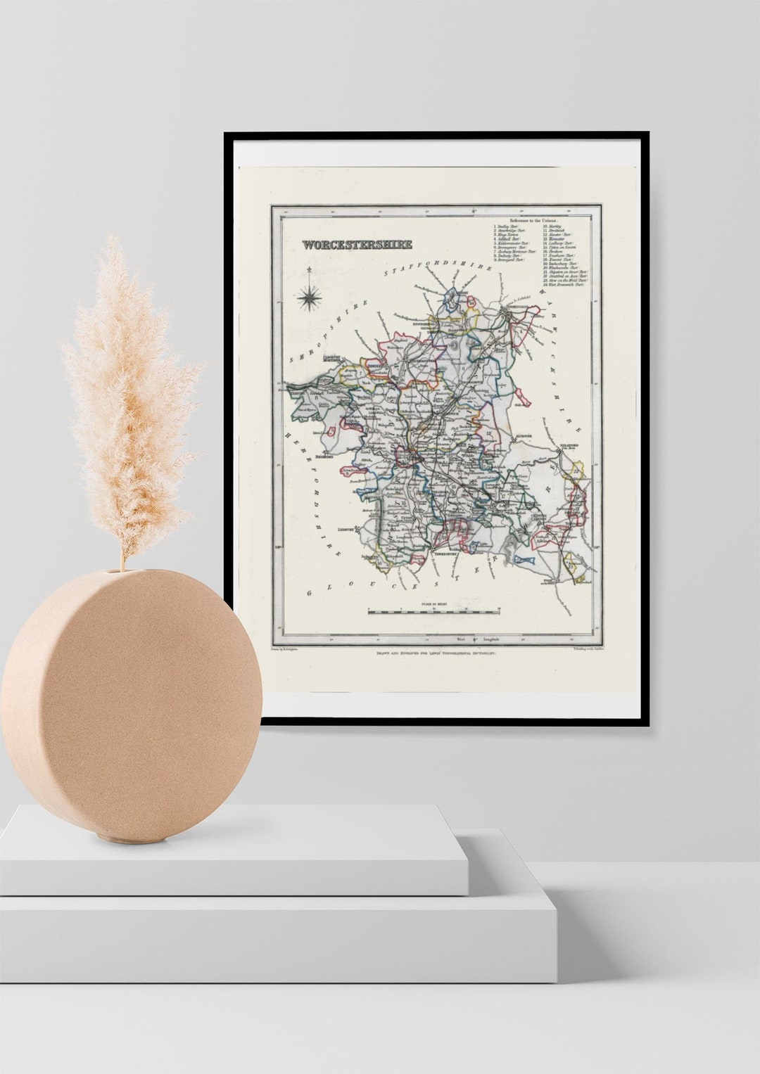 Old English County Map of Worcestershire, Vintage Reproduction Map of ...