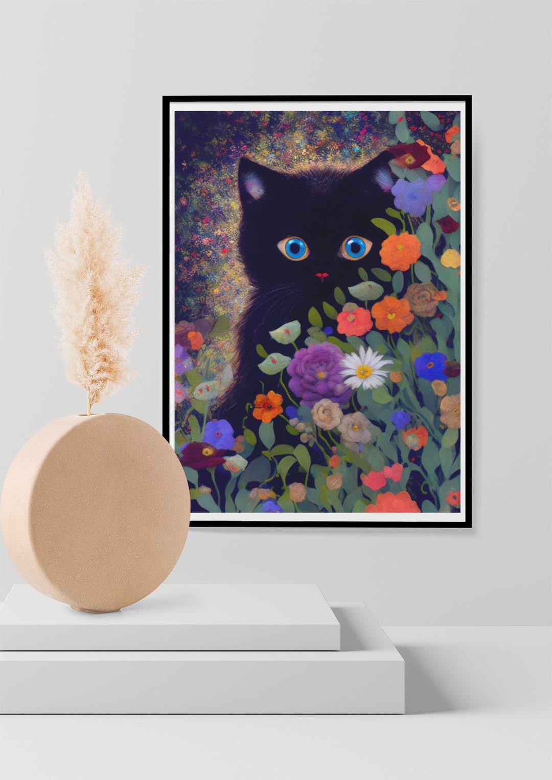 Monet Cat Print, Monet Cat Poster, Claude Monet Flowers Black Cat ...