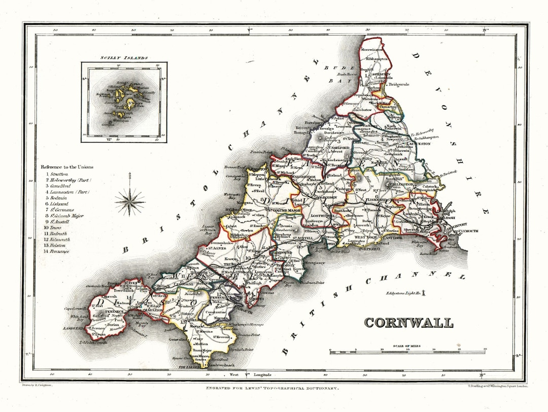 Old English County Map of Cornwall Vintage 1848 Reproduction Old Rare ...