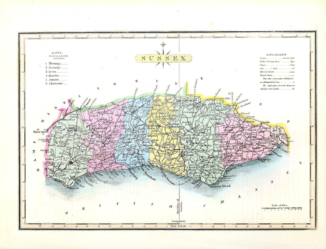 Map of Sussex, England 1819 Vintage Antique Style Old Map Hailsham ...