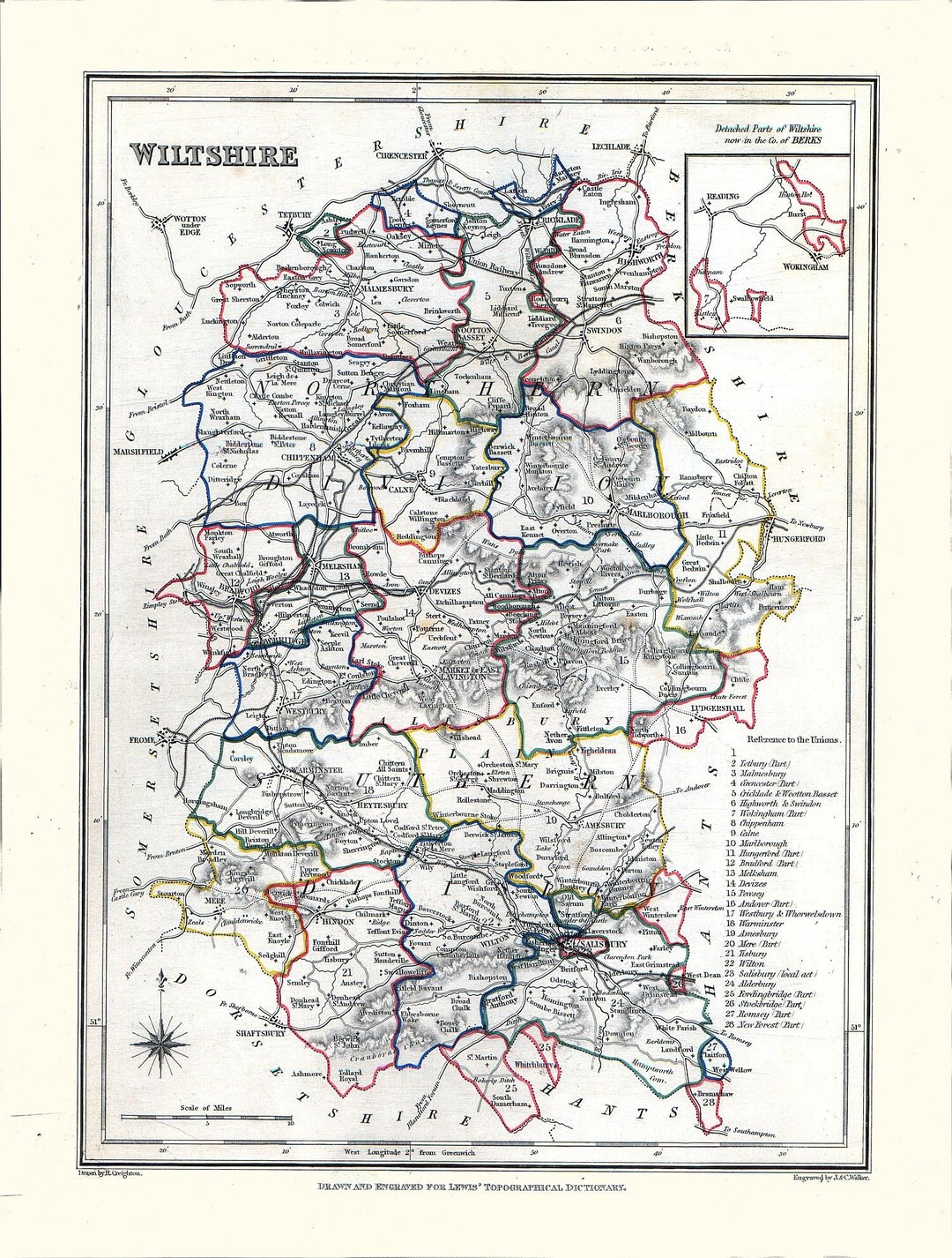 Old English County Map of Wiltshire Vintage Reproduction Old Rare Map ...