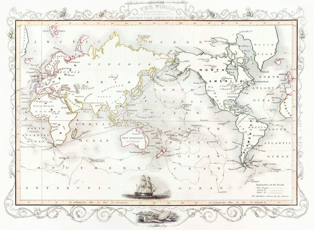 Voyages of Captain James Cook Map 1852 Vintage Antique Style Map Repro ...