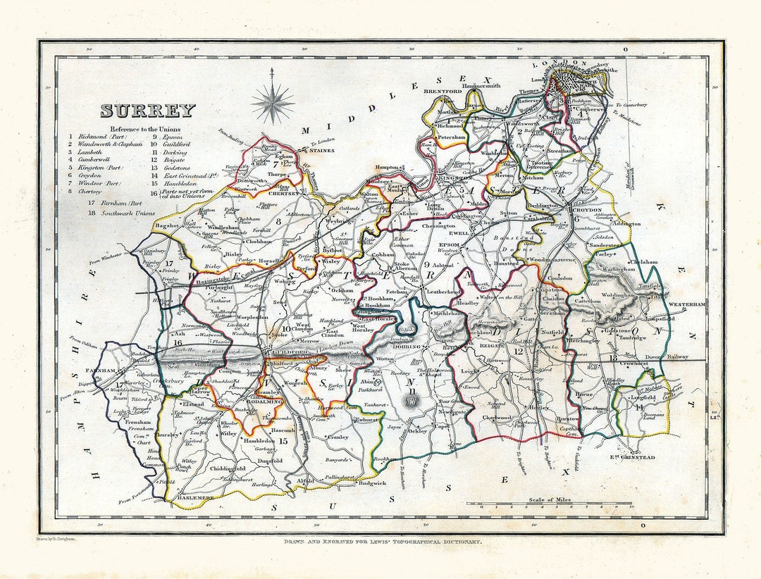 Old English County Map of Surrey Vintage 1848 Reproduction Old Rare Map ...