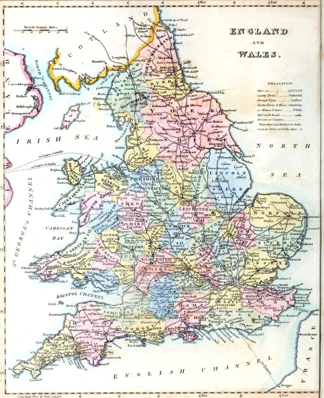 Old English Map of England and Wales Vintage 1819 Reproduction Old Rare ...