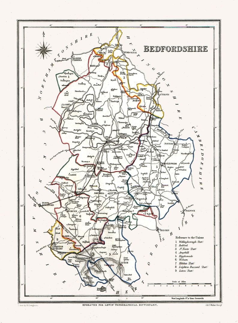 Old English County Map of Bedfordshire Vintage 1848 Bedford - Etsy