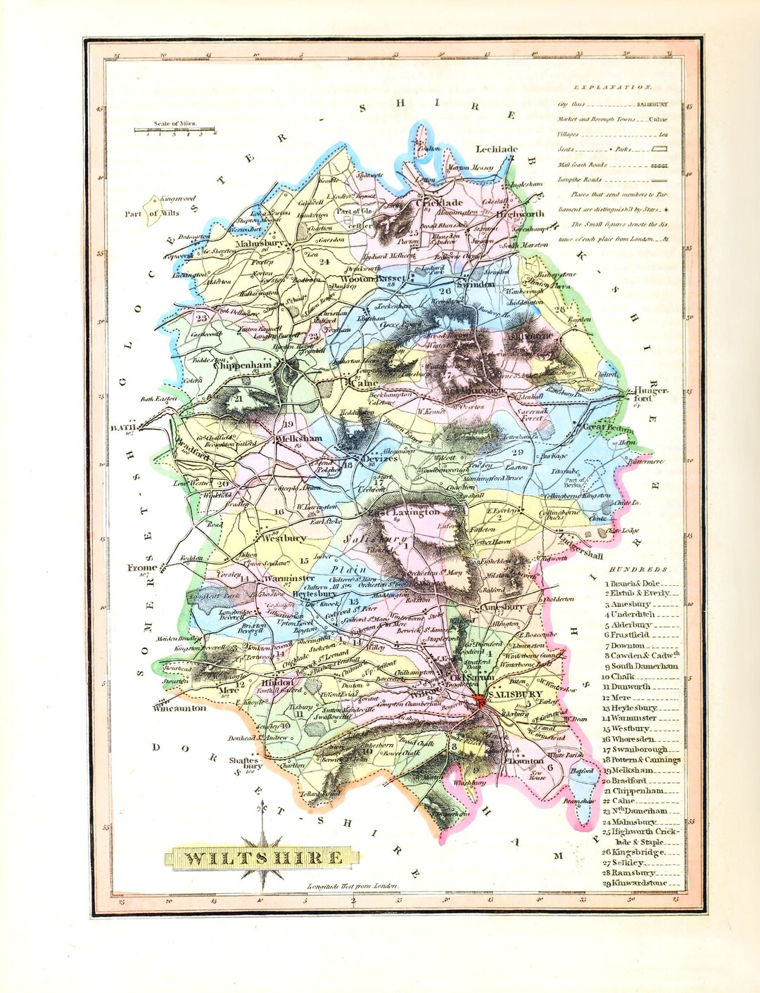 Wiltshire County Map Art Print UK Antique Vintage Historical 1819 Wall ...