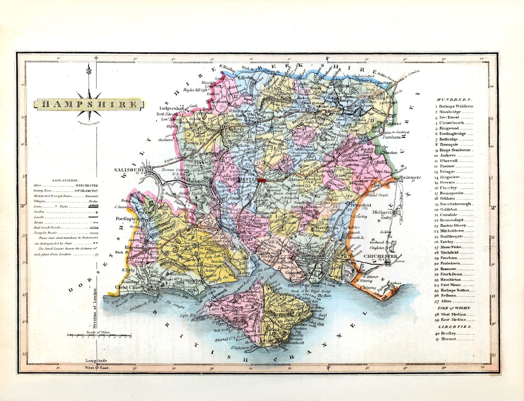 Hampshire County Map Art Print UK Antique Vintage Historical 1848 Wall ...