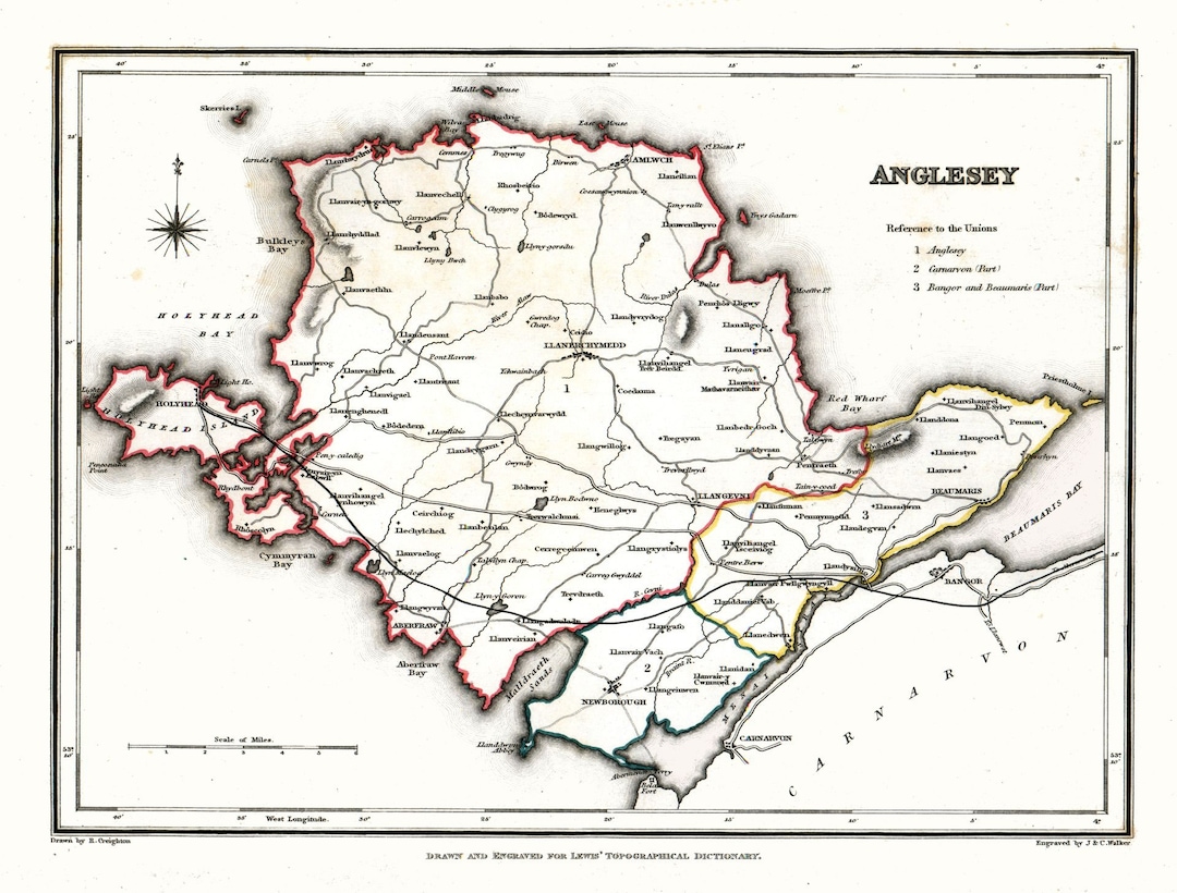 Old Antique Map of Isle of Anglesey, Vintage 1848 Reproduction Old Rare ...