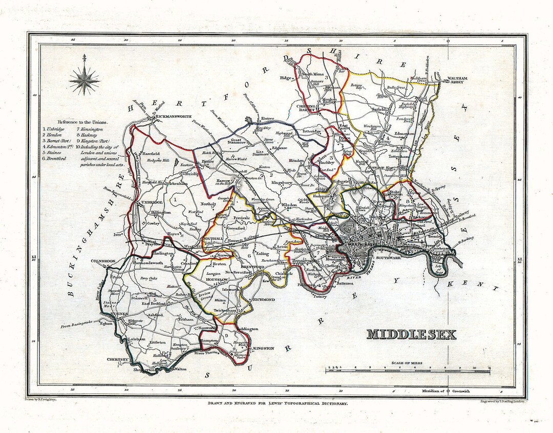 Vintage Old English County Map of Middlesex 1848 Vintage Style ...