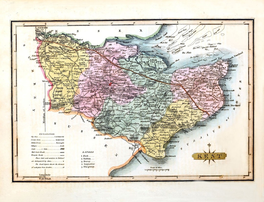 Old English County Map of Kent Vintage 1819 Reproduction Old Rare Map ...