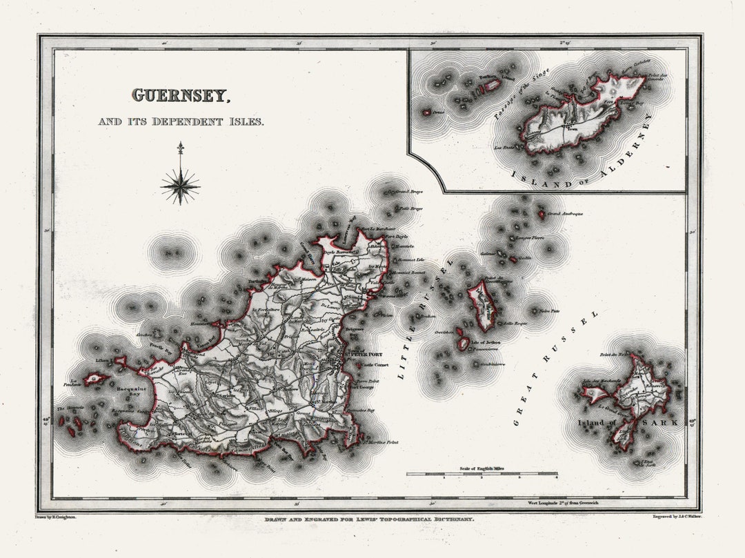 Old Map of Guernsey Vintage 1848 Channel Islands Reproduction Old Rare ...