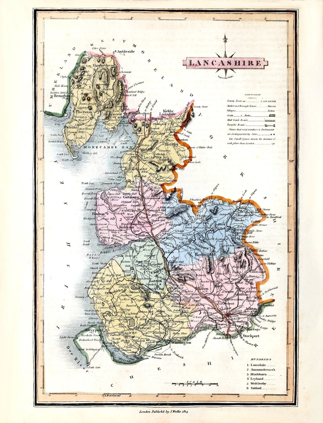 Vintage Map of Lancashire Vintage County Map 1819 Reproduction Old ...