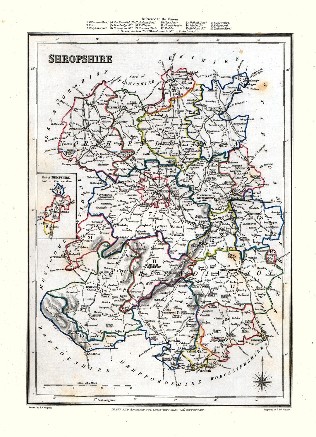 Old English County Map of Shropshire Vintage 1848 Reproduction Old Rare ...