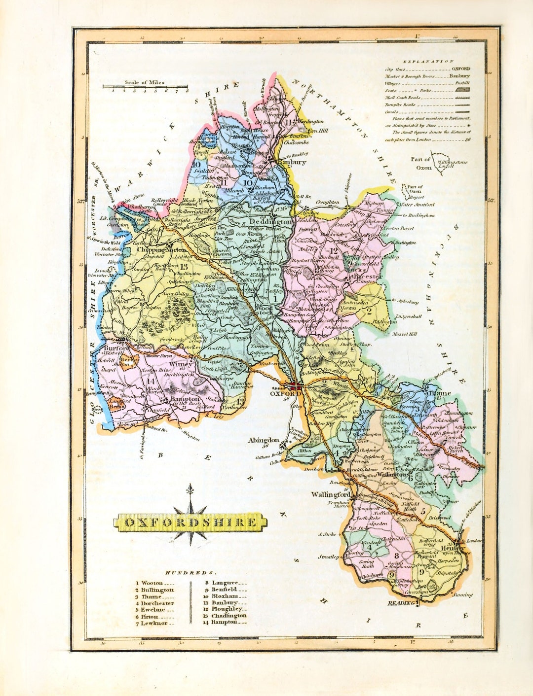 Old English County Map of Oxfordshire, Vintage 1819 Oxford Reproduction ...