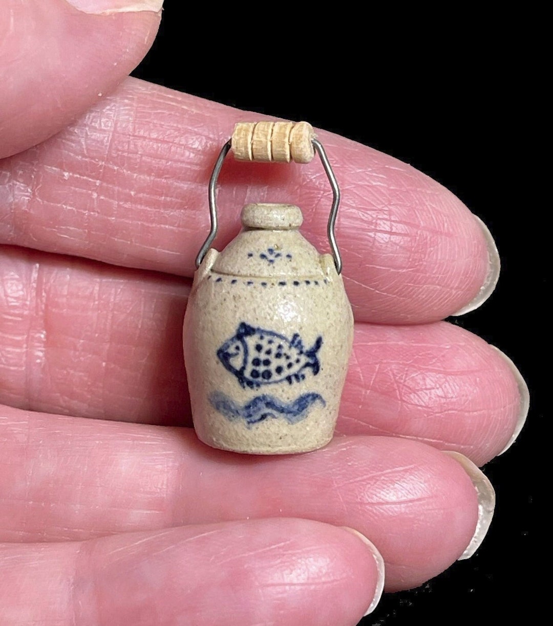 IGMA Jane Graber Pottery Sweet Wood Bailed Fish Jug Dollhouse Colonial ...