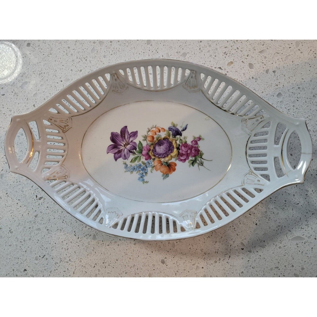 Bavaria Schumann Reticulated Hand Cut Oval Serving Dish Bowl Gold Trim ...