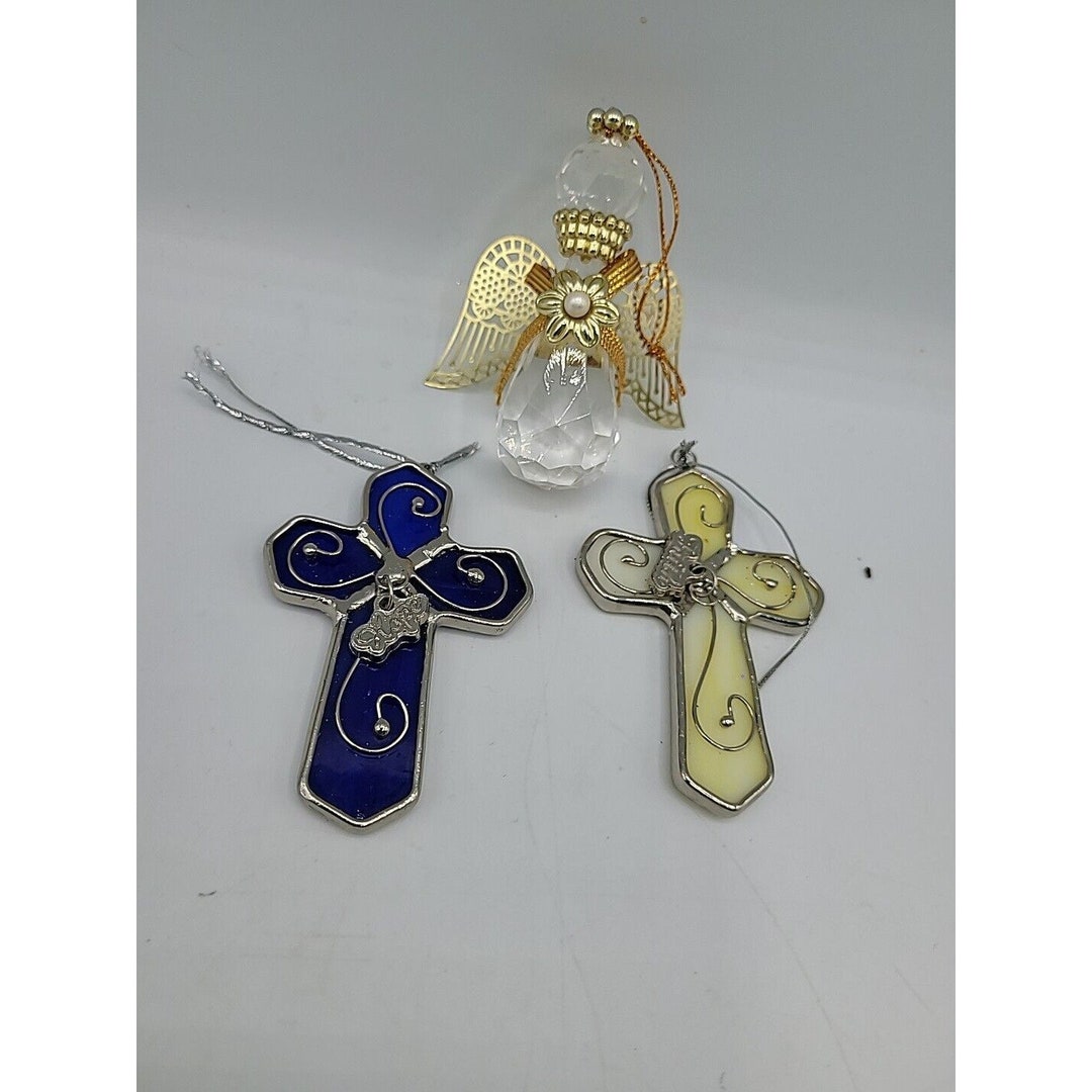 Stained Glass Cross and Crystal Angel Christmas Tree Ornaments - Etsy