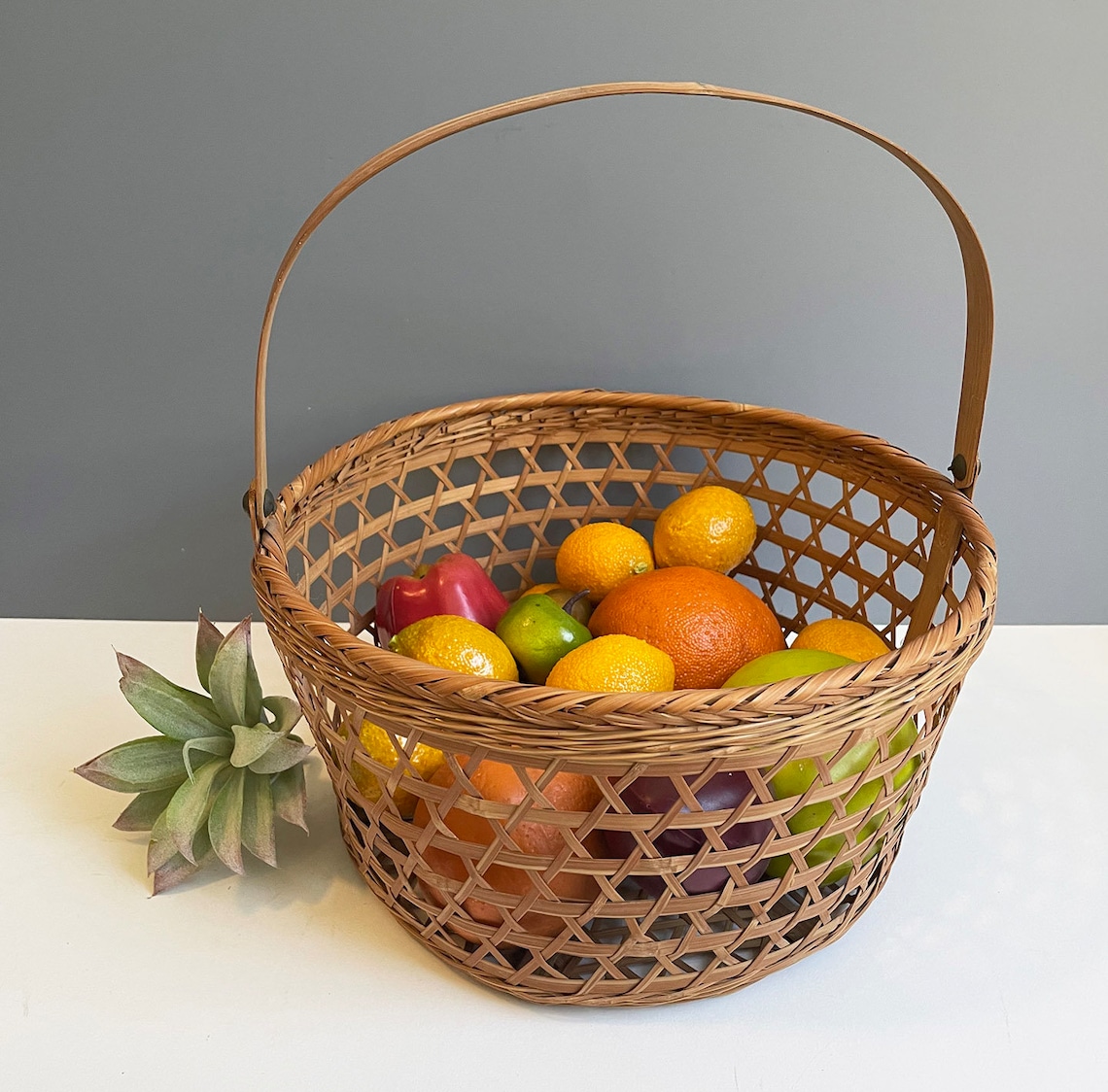 Large Vintage Bamboo Woven Basket With Movable Handle-rattan Gather ...