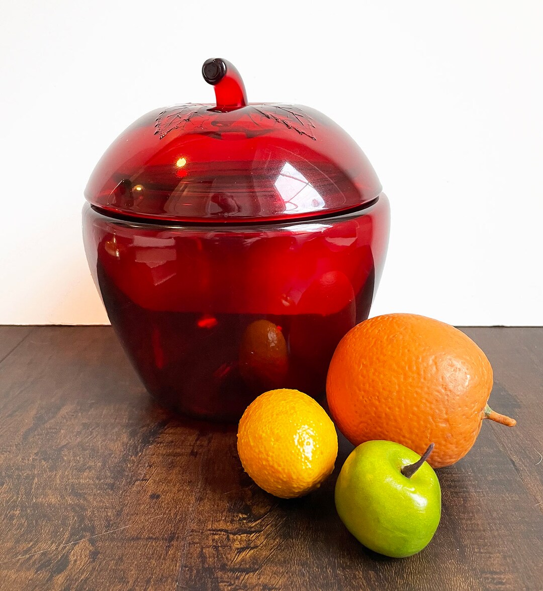 Ruby Red Glass Apple Jar Canister- Vintage Anchor Hocking 1970's ...