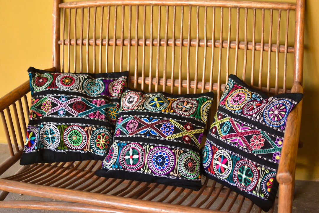 Peruvian Colorful Folk Andean Upcycled Aguayo Embroidered Boho Pillow ...