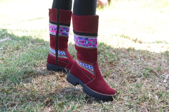 Peruvian Aguayo Lliclla Incan Leather Folk Boots Bold Colorful - Etsy