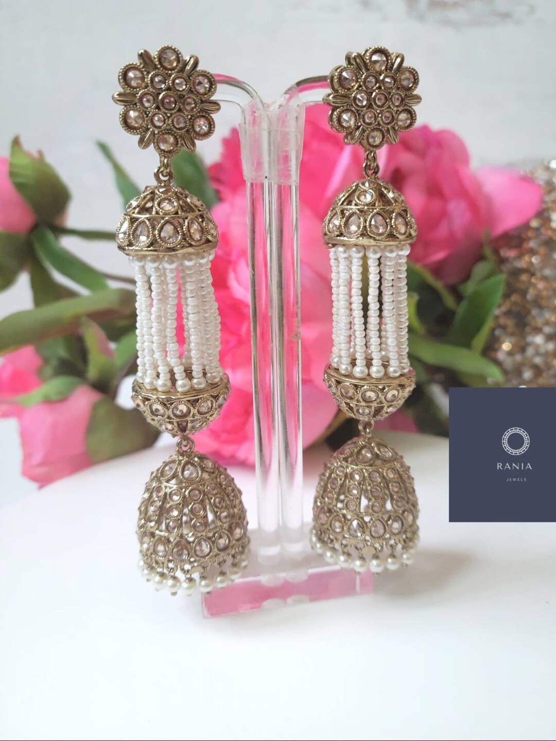 Pakistani Dangle Jhumkay, Polki Earrings With Beads. - Etsy