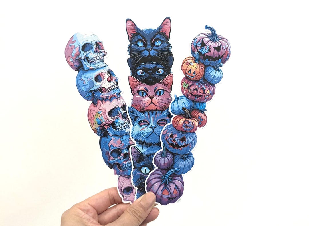 Creepy Skeleton, Cat, Pumpkin Halloween Themed Bookmarks Set, Horror ...