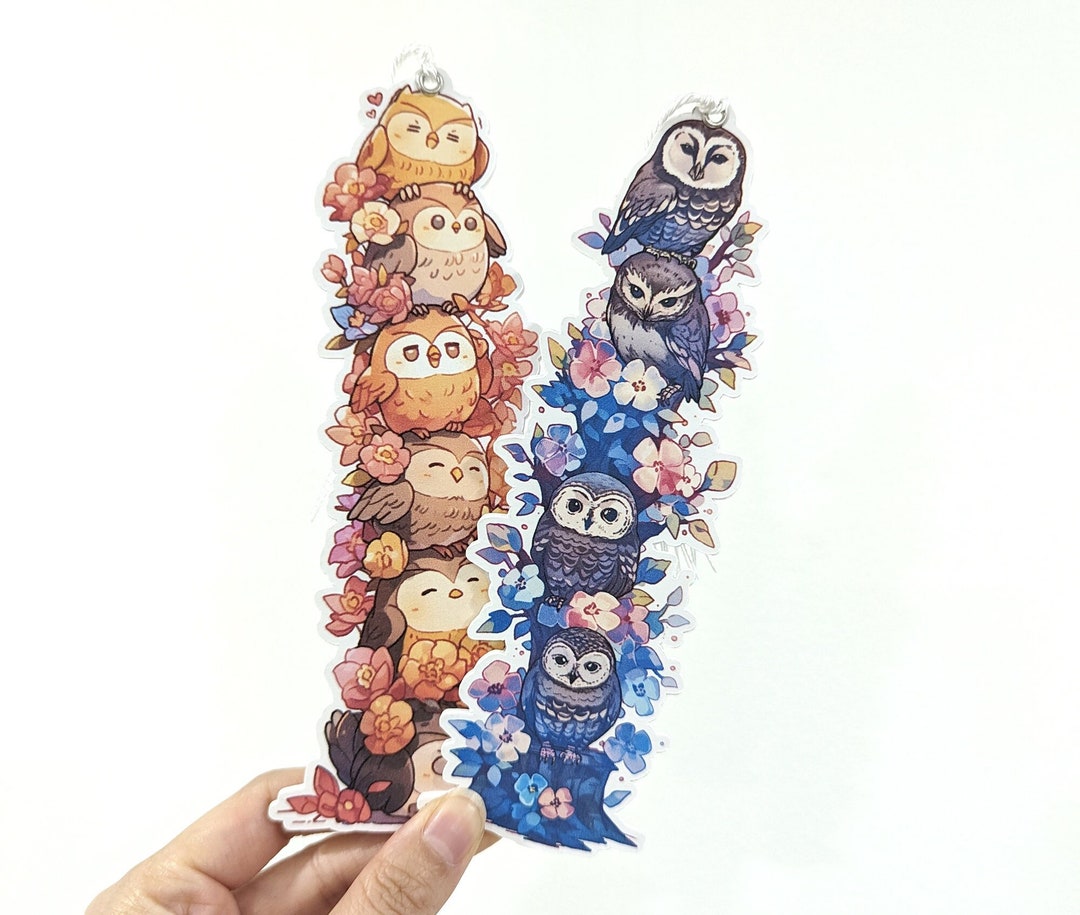 Cute Stacked Owls Set With Florals Bookmark, Double Sided Bookmark ...