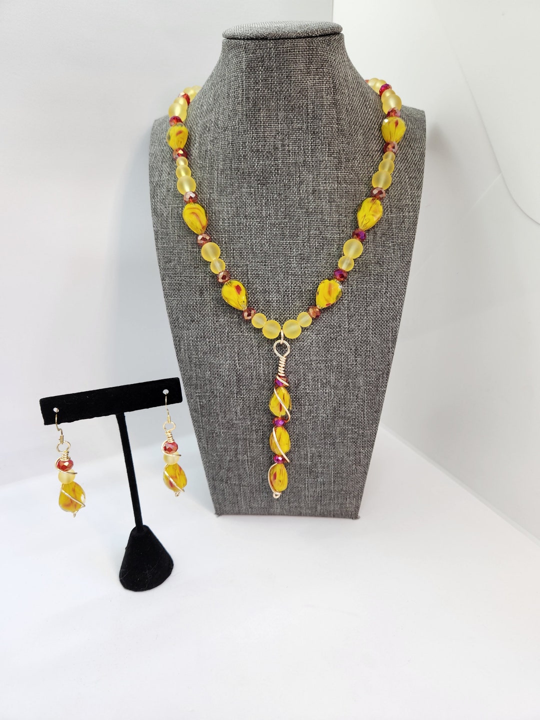 Bohemian Yellow Beaded Jewelry Set: Pendant Necklace and Earrings - Etsy