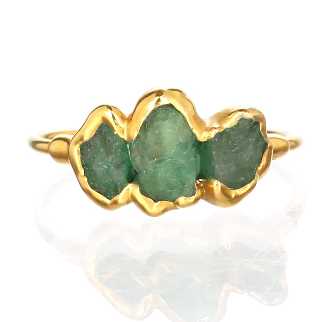 Triple Raw Emerald Ring, Raw Stone Ring, Emerald Birthstone Jewelry ...