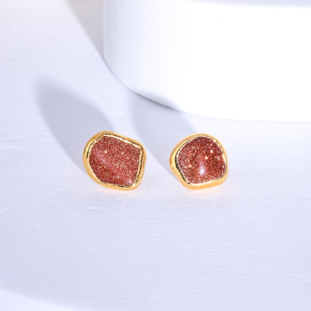24k Filled Goldstone Stud Earrings: Raw Sunstone, Handmade - Etsy