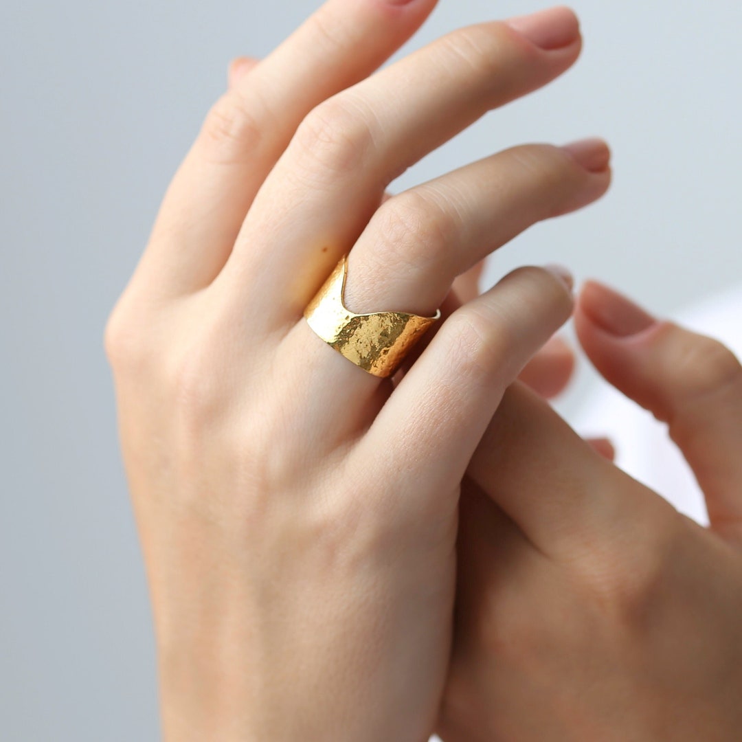 Yellow Gold Textured Extra Wide Cigar Band Ring • Sterling Silver With ...