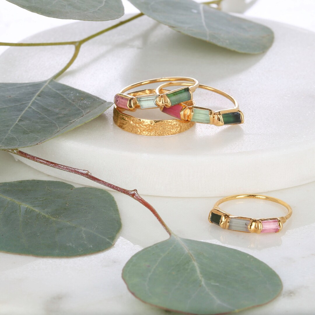 Watermelon Tourmaline Baguette Ring: 24k Gold Filled Three Crystal Ring ...