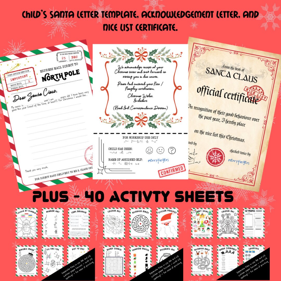 Santa Letter Printable, Nice List Certificate, Christmas Activity Set ...