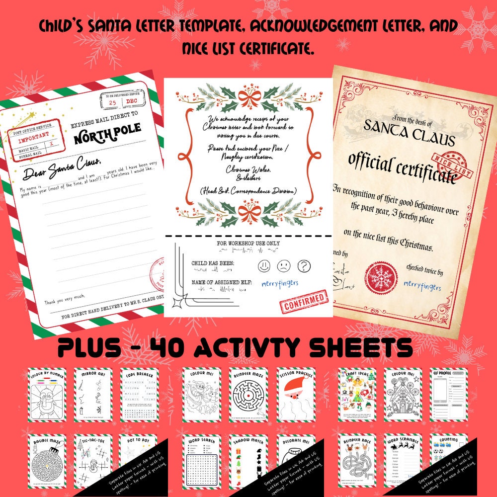 Printable Digital Download Santa Letter, Nice List Certificate, and 40 ...
