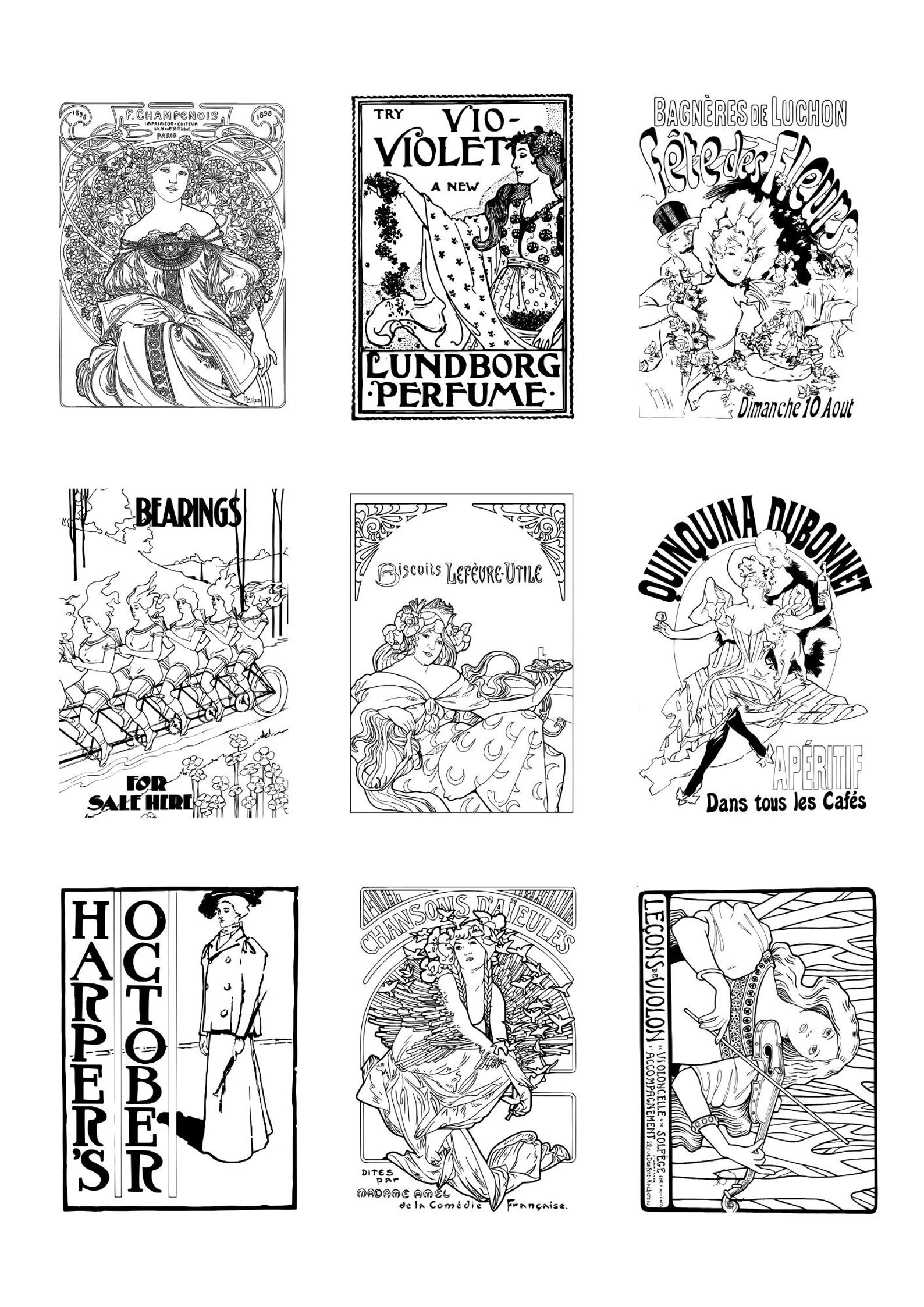 40 Vintage Art Nouveau Mucha Advertising Poster Colouring Pages ...