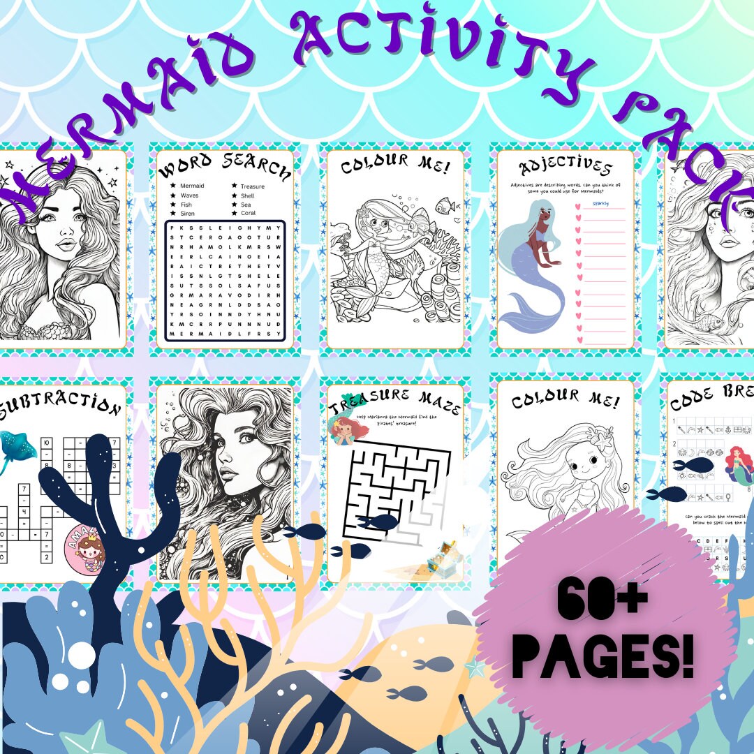 Mermaid Activity Pack for Kids - 60+ Pages of Puzzles, Colouring Sheets ...