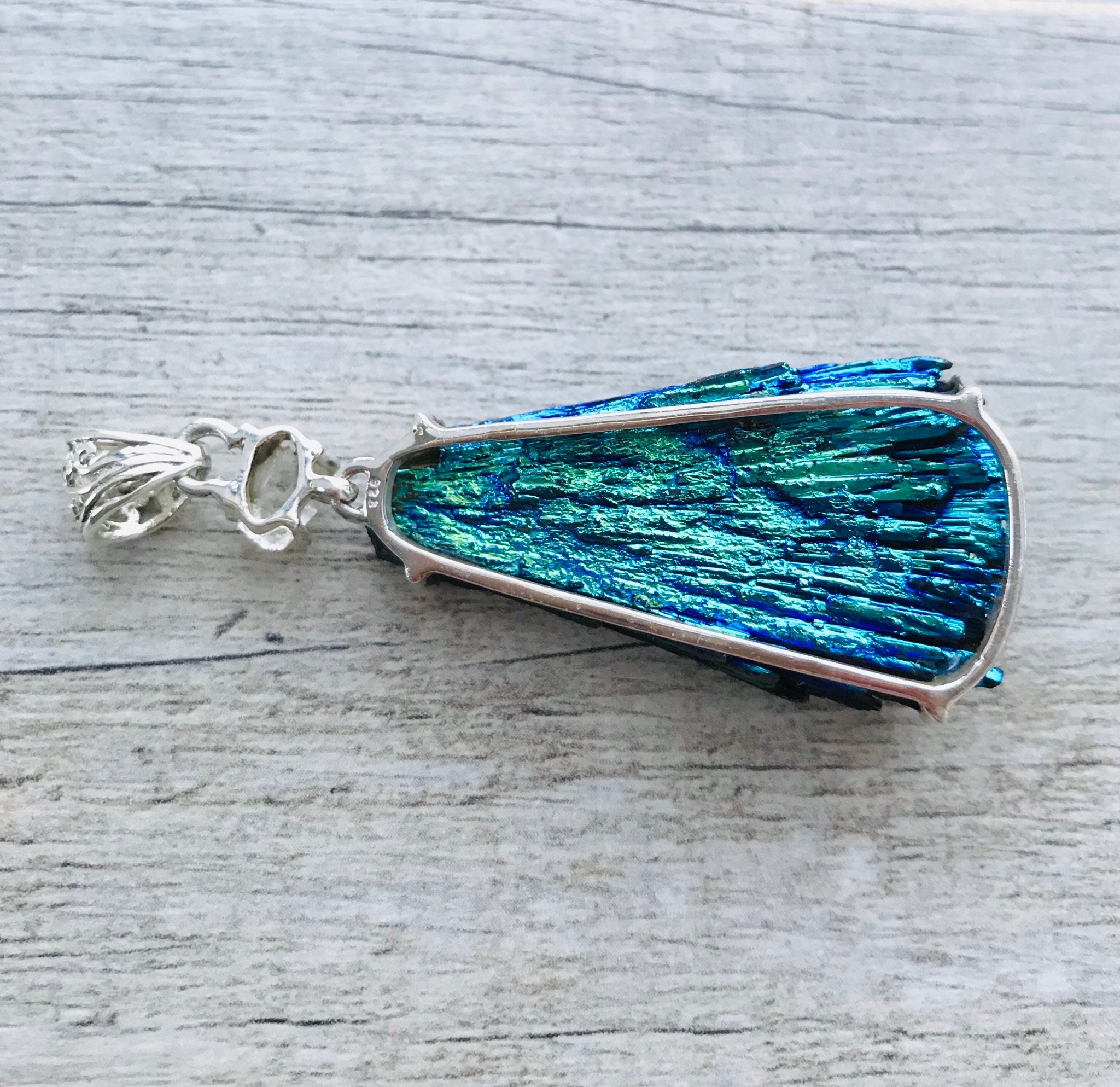 Natural Raw Rainbow Aura Titanium Kyanite and Herkimer Diamond Pendant ...