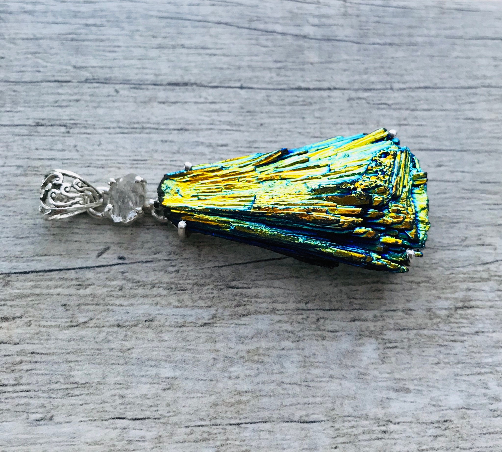 Natural Raw Rainbow Aura Titanium Kyanite and Herkimer Diamond Pendant ...