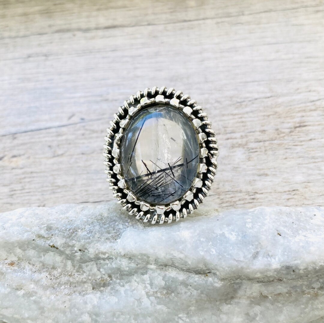 LARGE BRING Size 8 Natural Black Tourmaline in Quartz Ring ...