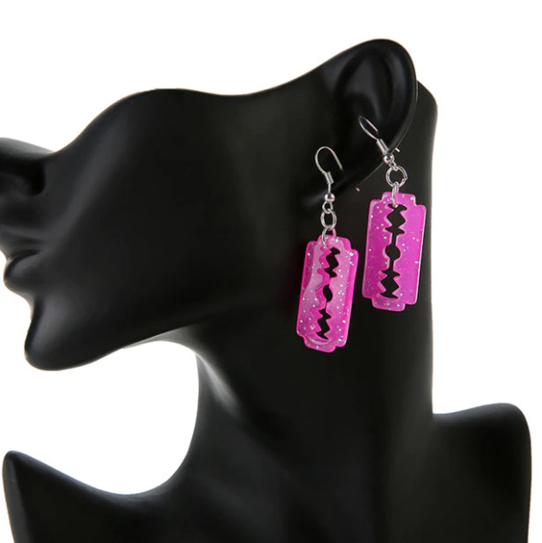 Glitter Resin Razor Blade Dangle Earrings, Emo Scene Alternative ...