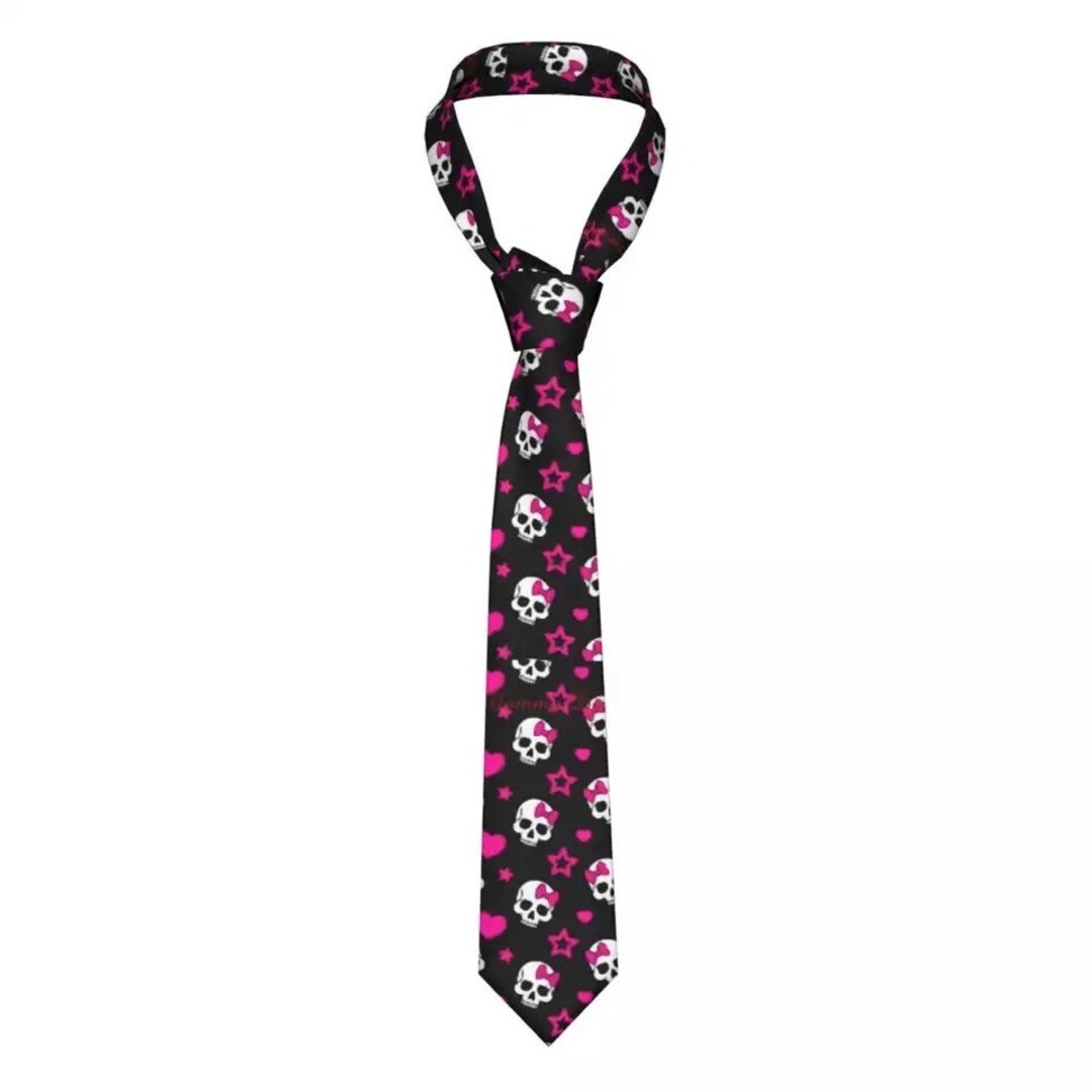 Adjustable Unisex Pink Black Star Skull Printed Necktie, Alternative ...