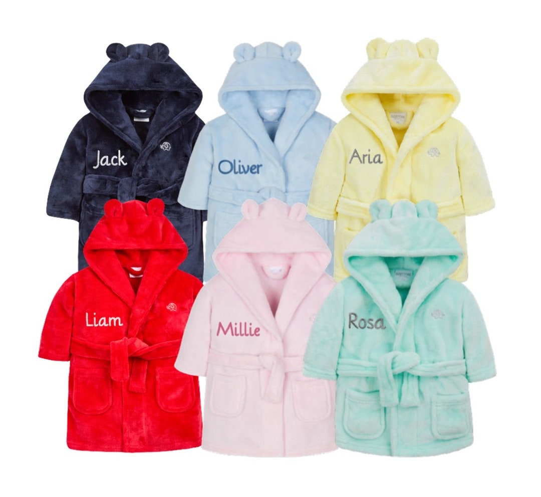 Personalised Embroidered Baby Robe Dressing Gown Hood Toddler Baby Gift ...