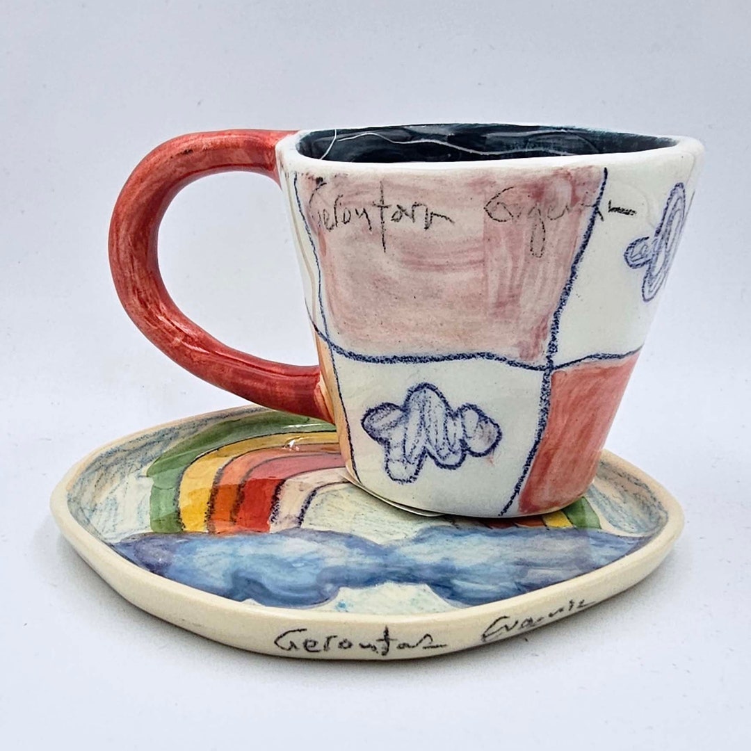 Rainbow Coffee Cup, Ceramic Espresso Cup With Handle and Saucer ...
