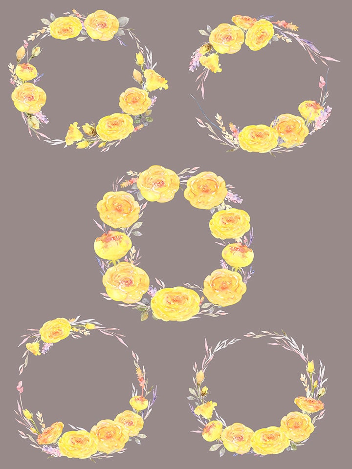 Yellow Roses Wreath Commercial Use Clipart Yellow Flower Floral Boho ...