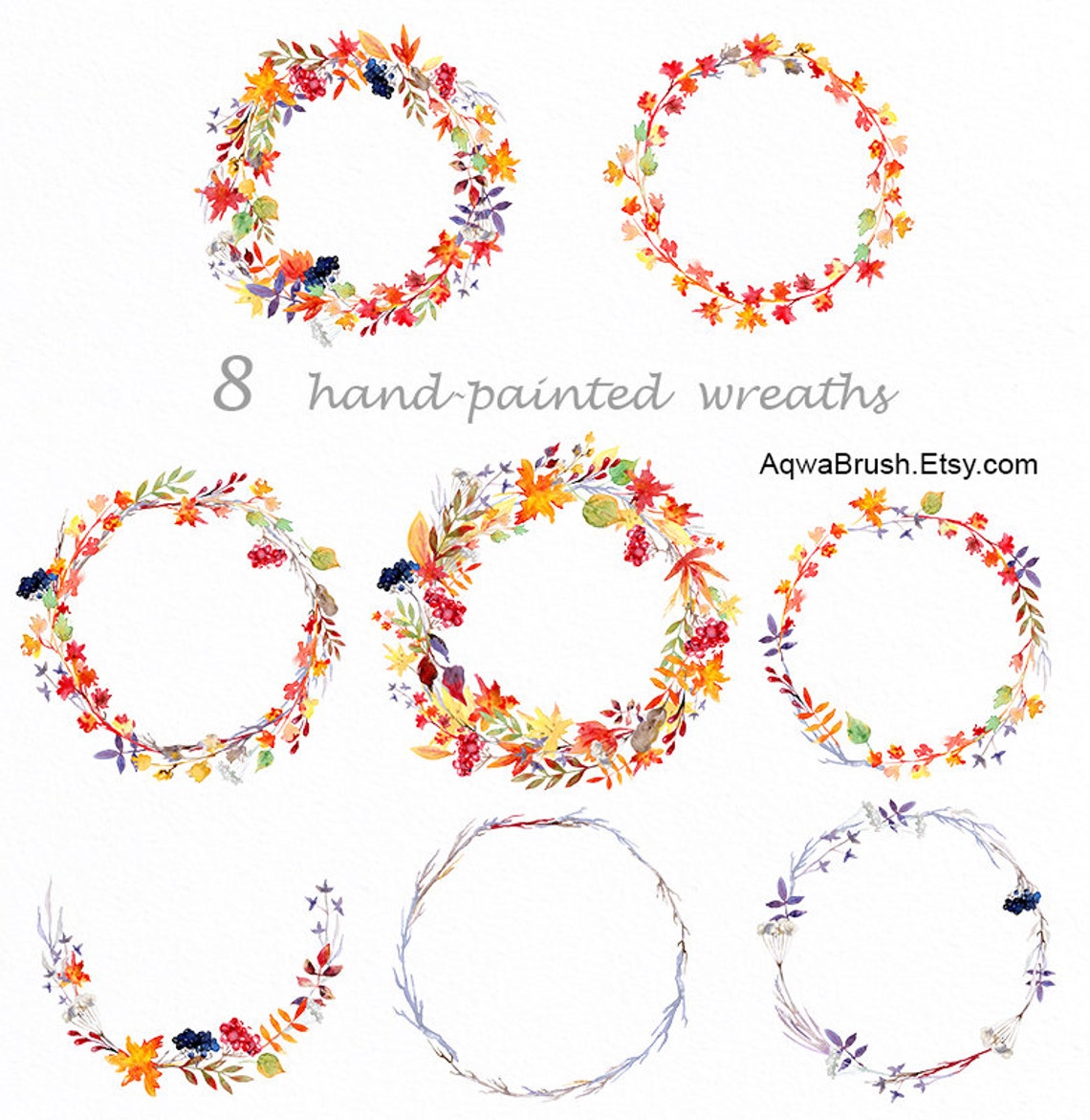 Autumn Wreaths Watercolor Clipart, Commercial Use Floral Leaves Wreath ...