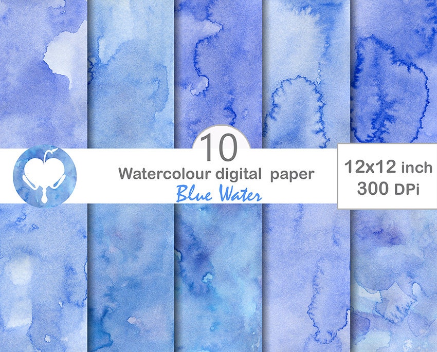 Watercolor Digital Paper Blue Water, Commercial Use Digital Background ...